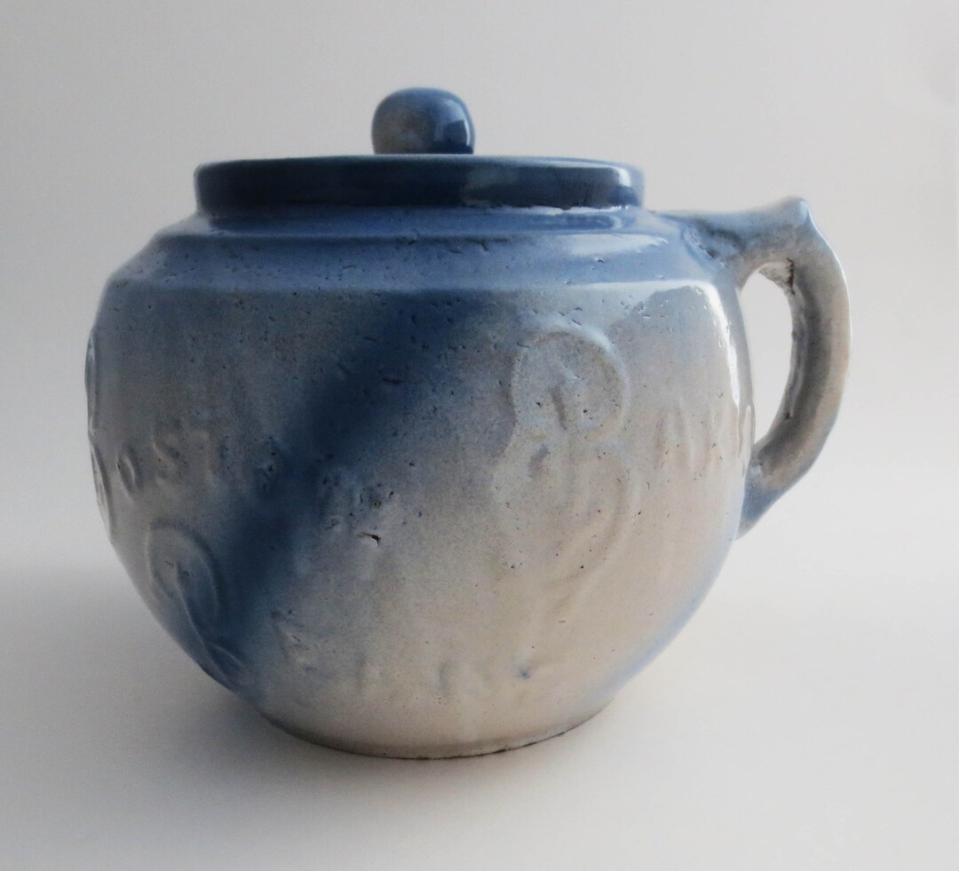 Antique Salt Glazed Stoneware Bean Pot, Boston Baked Beans Crock, Blue ...