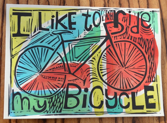 I Like to Ride My Bicycle Lino Printed Card | Etsy UK
