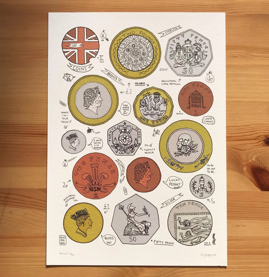 UK Coins Art Print: British Currency Illustration, Signed A4 - Etsy