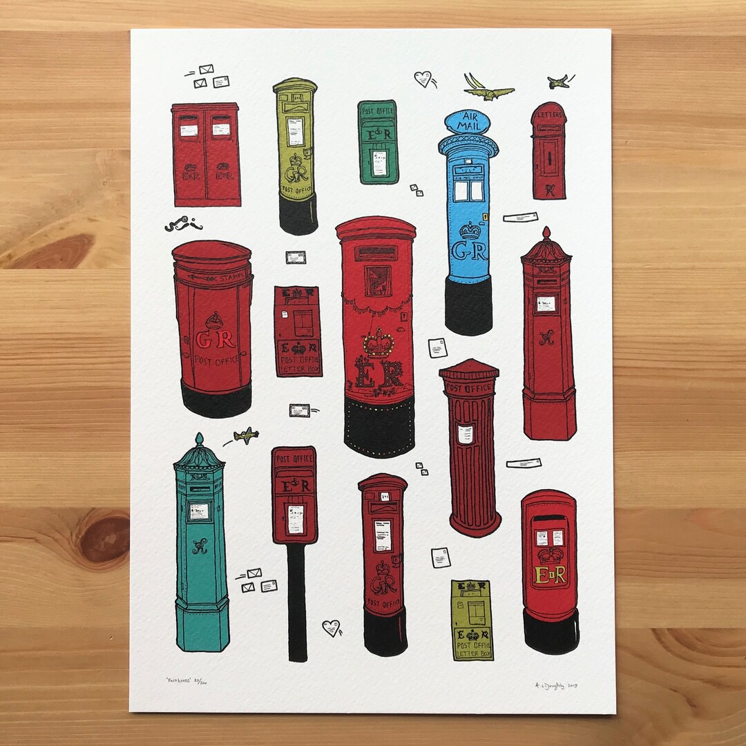UK Post Boxes - Art Print - Illustration - Letter Boxes - Stamps ...