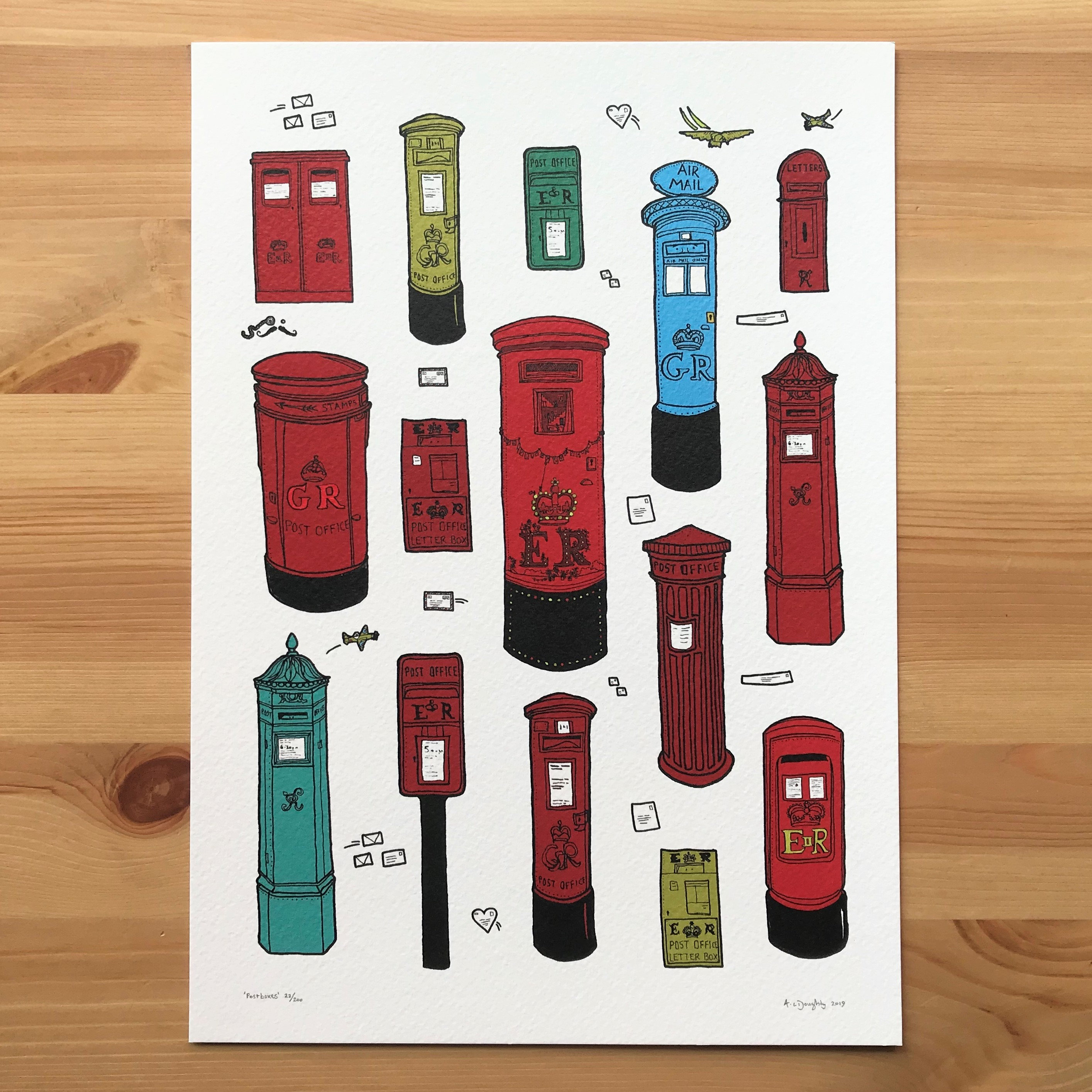 UK Post Boxes Art Print Illustration Letter Boxes Stamps Royal Mail Red ...