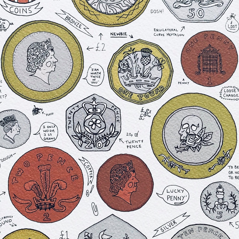 UK Coins Art Print: British Currency Illustration, Signed A4 - Etsy