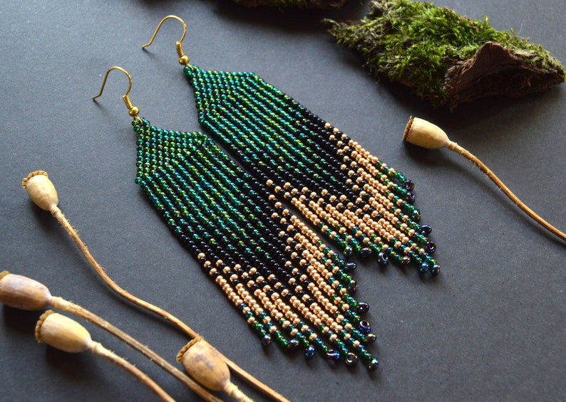 Long Beaded Green Gold Earrings - Etsy