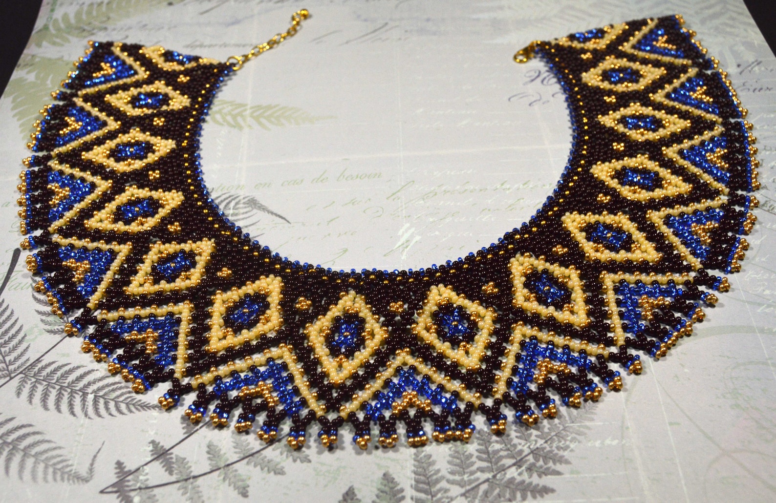 Beaded Collar Necklace, Seed Bead Necklace, Brown Blue Beige Necklace ...