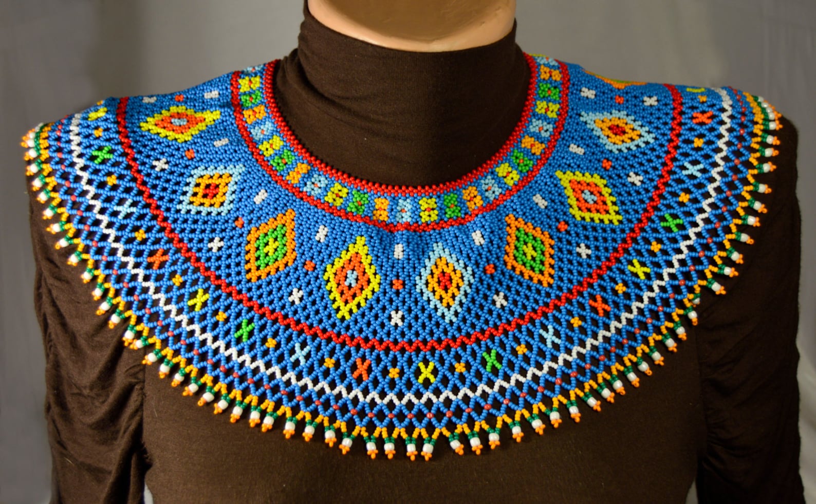 Beaded Collar Necklace Blue Ornament Seed Bead Necklace - Etsy