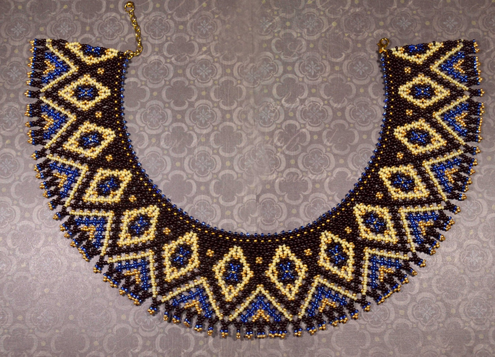 Beaded Collar Necklace, Seed Bead Necklace, Brown Blue Beige Necklace ...