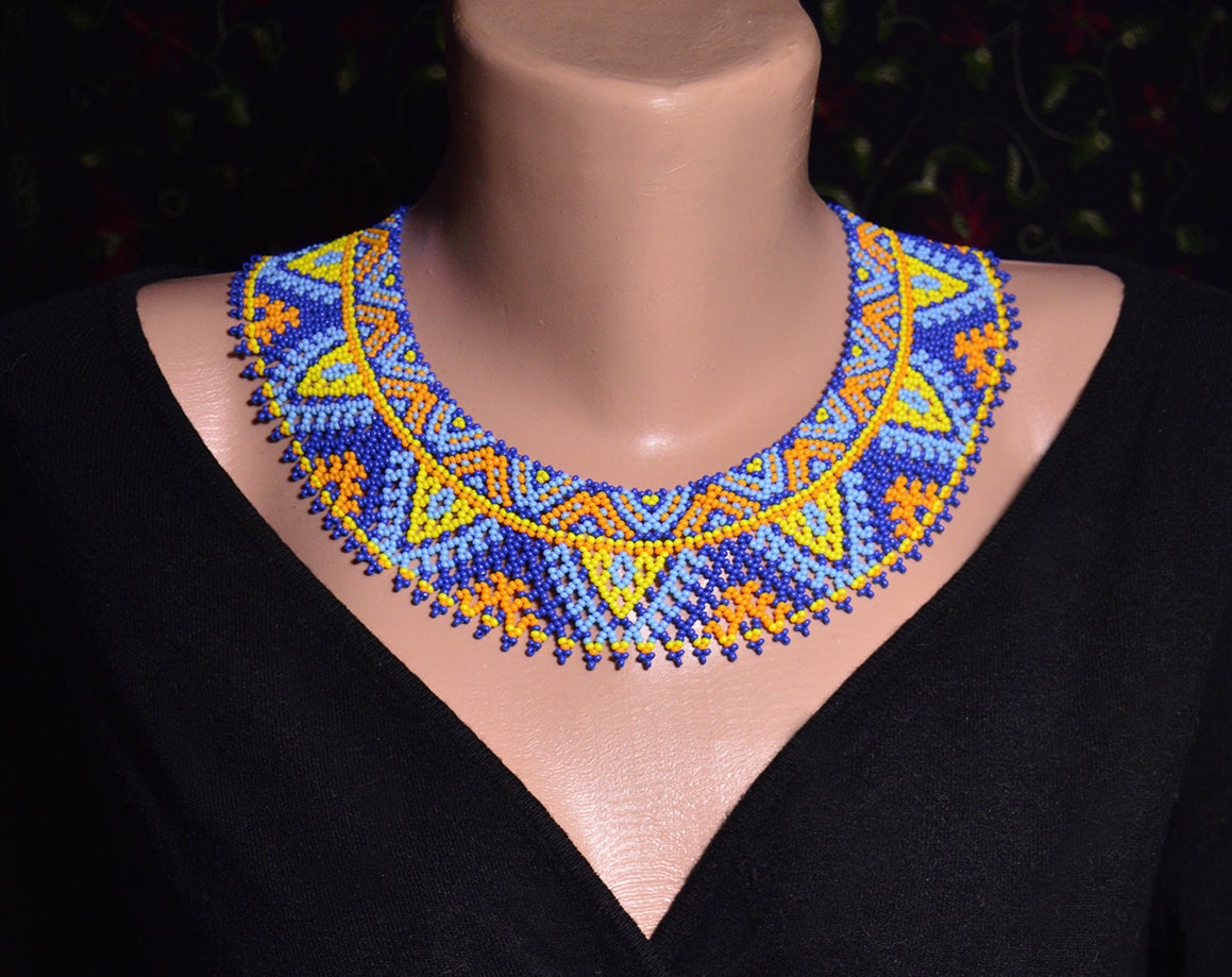 Multicolor Beaded Collar Necklace Blue Yellow Orange Necklace - Etsy