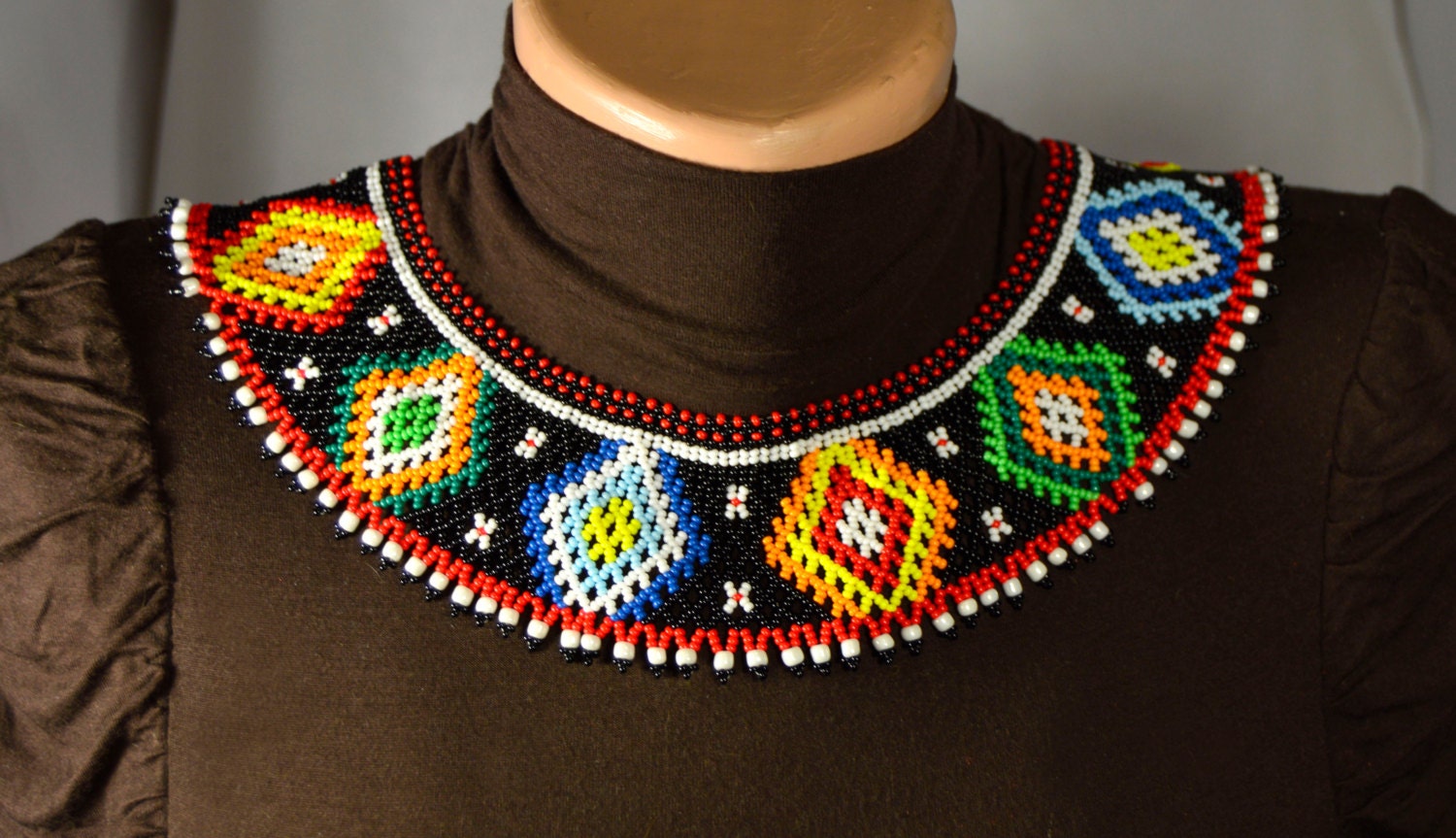 Beaded Necklace, Collar Necklace, Multicolored Seed Bead Hand Made ...