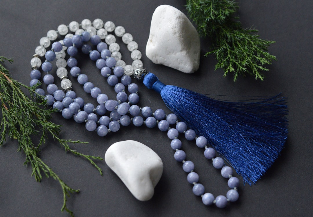 Angelite Mala Necklace, Gemstone Mala Beads, Sugar Quartz, Beaded ...