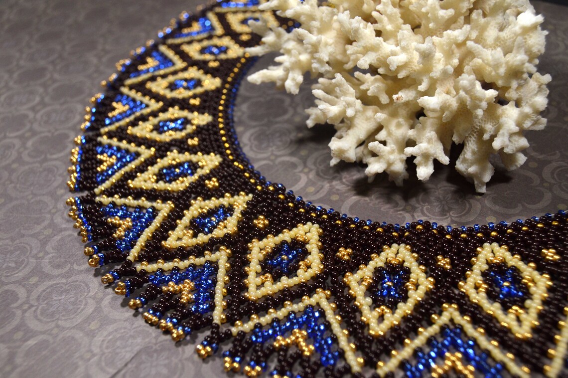 Beaded Collar Necklace, Seed Bead Necklace, Brown Blue Beige Necklace ...