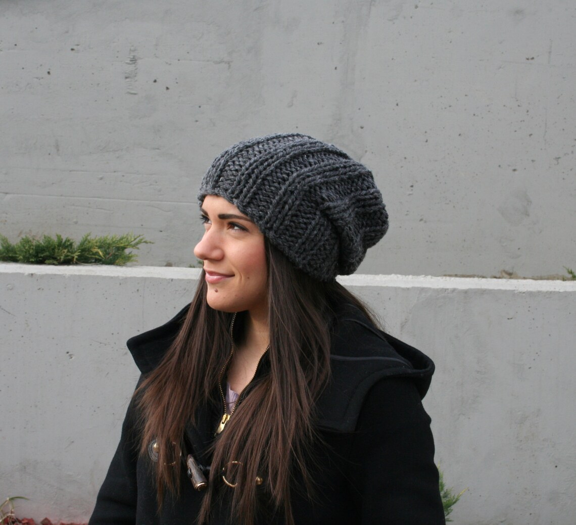 Сhunky Knit Hat Knit Slouchy Hat Knit Slouch Hat Charcoal Grey - Etsy