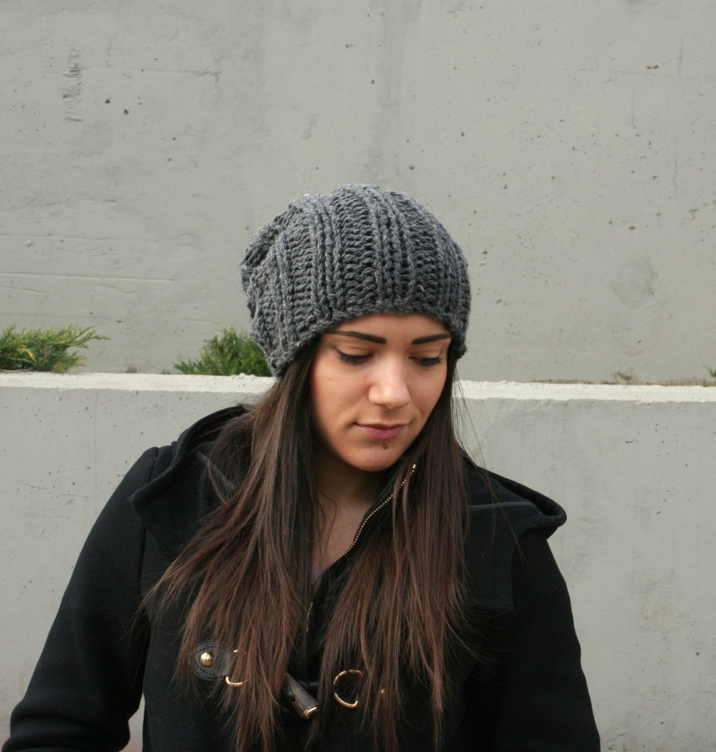 Сhunky Knit Hat Knit Slouchy Hat Knit Slouch Hat Charcoal Grey - Etsy