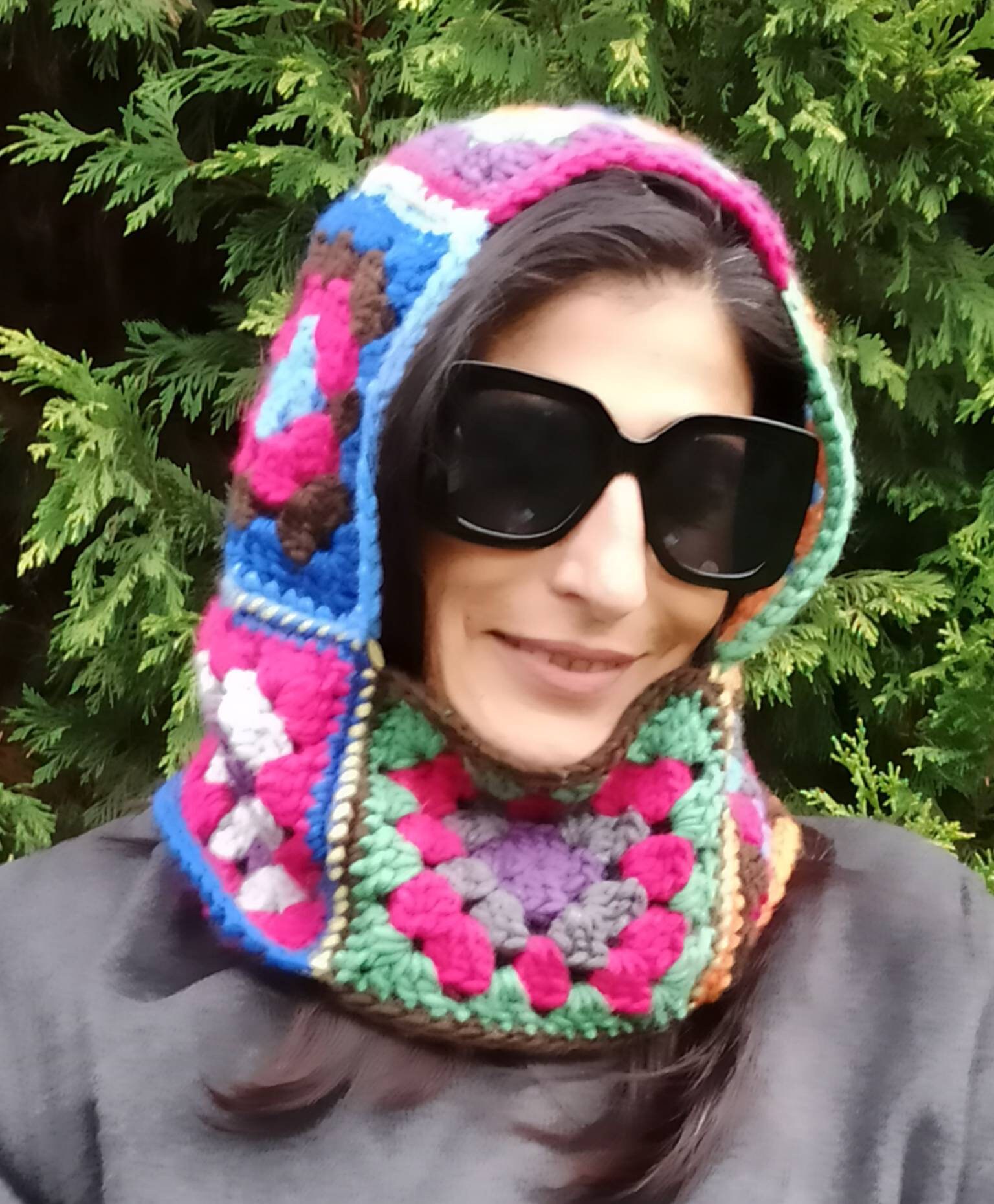 Granny Square Balaclava, Crochet Wool Hood, Crochet Balaclava, Colorful ...