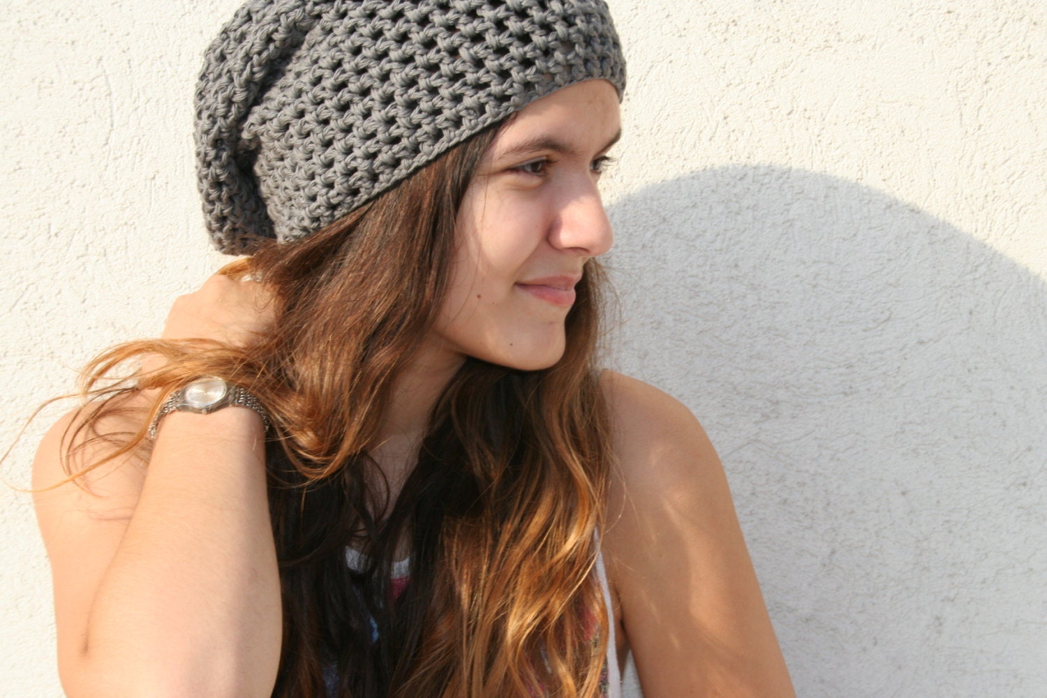 Slouchy Hat, Crochet Hat, Gray Hat, Cotton Hat, Slouchy Beanie ...