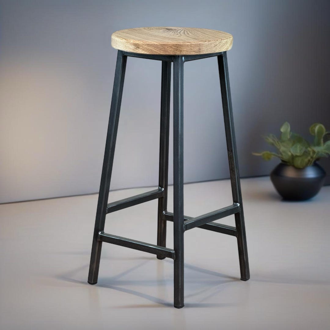 Steel Frame Industrial BAR STOOL With Round Oak Seat - Bertie Oakman ...