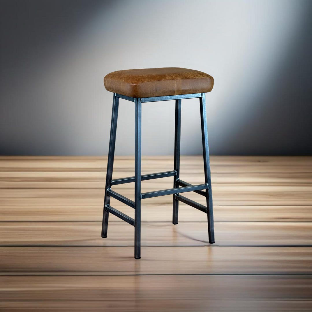 Slim Leather Saddle Stool: Raw Steel Kitchen Bar Stool - Etsy