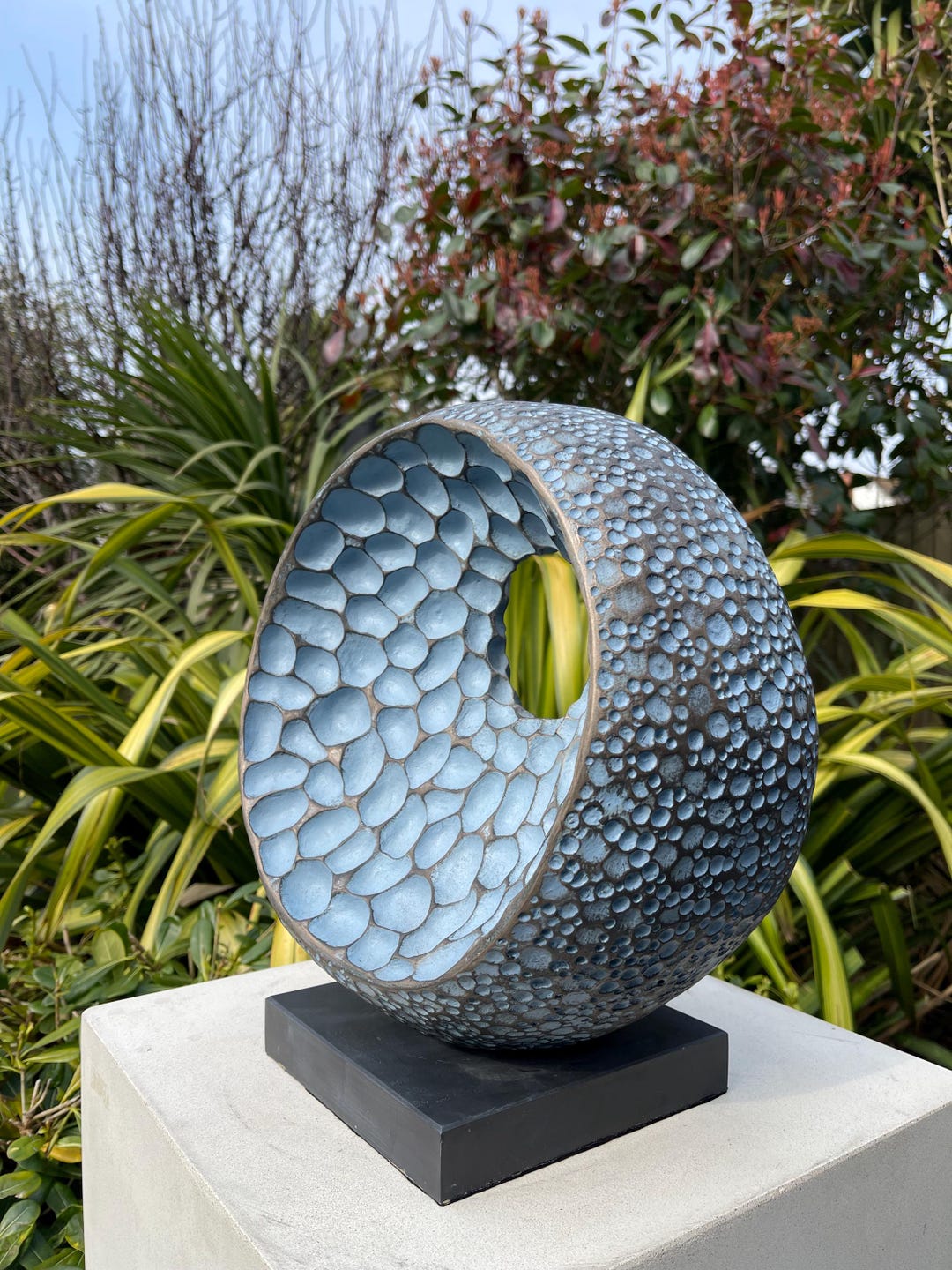 Contemporary Outdoor Sculpture, Abstract Round Garden Sculpture, Blue ...