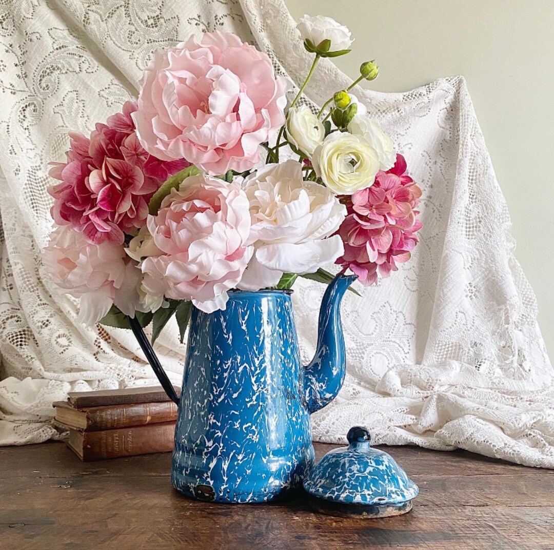Blue White Marbled Enamel Granite Teapot or Coffee Pot // French ...