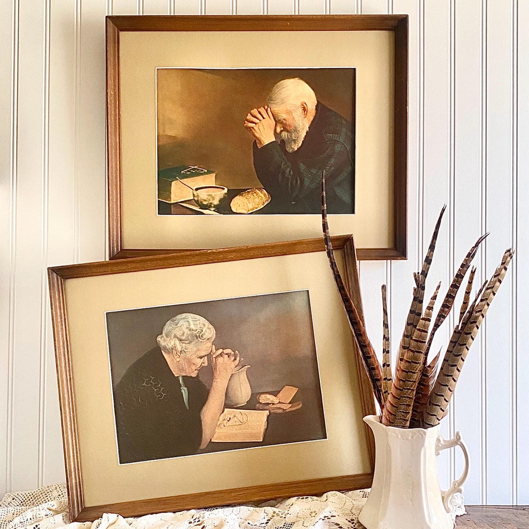 Pair of Framed Man Woman Praying Prints // “grace” and “gratitude ...