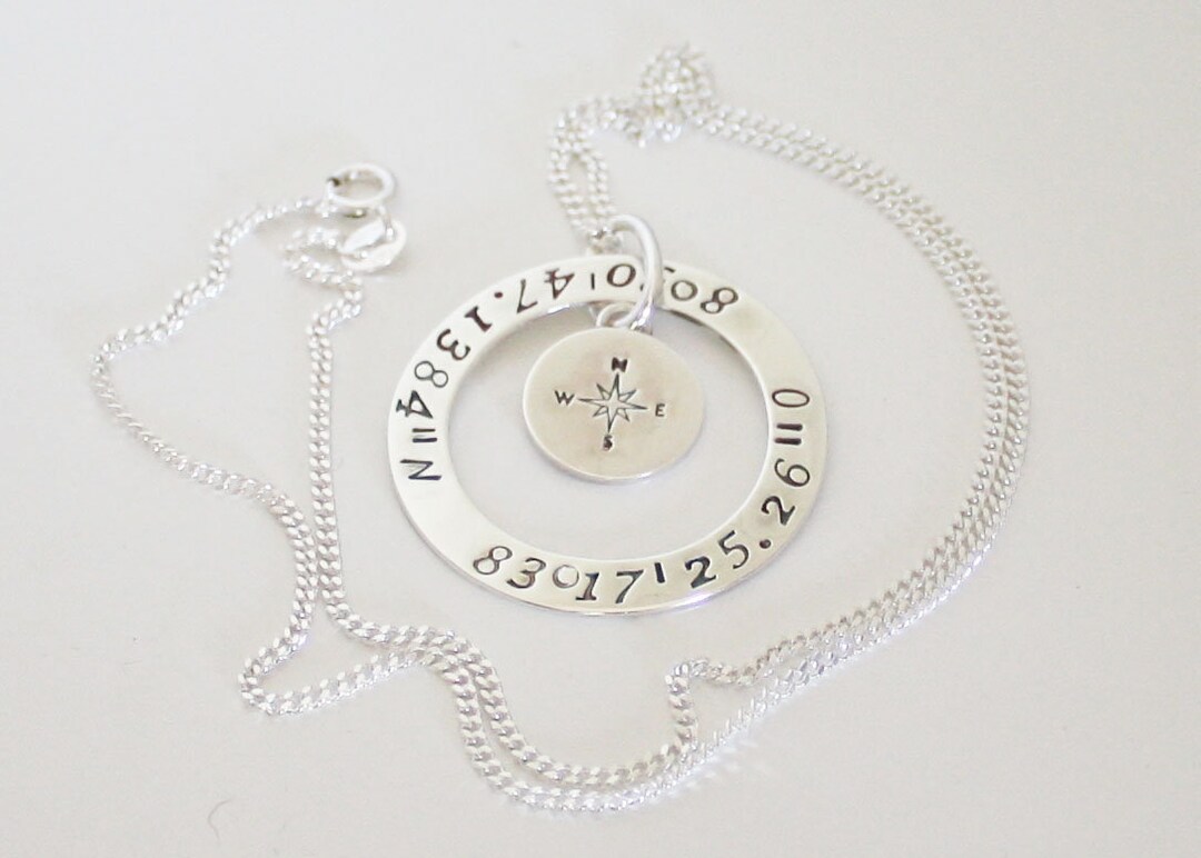Compass Coordinates Necklace – Sterling Silver GPS Pendant – Two-sided ...