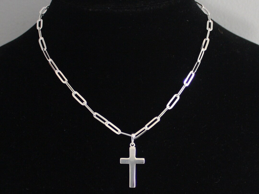 Sterling Silver Cross on Paperclip Chain, Plain Solid Silver Cross ...