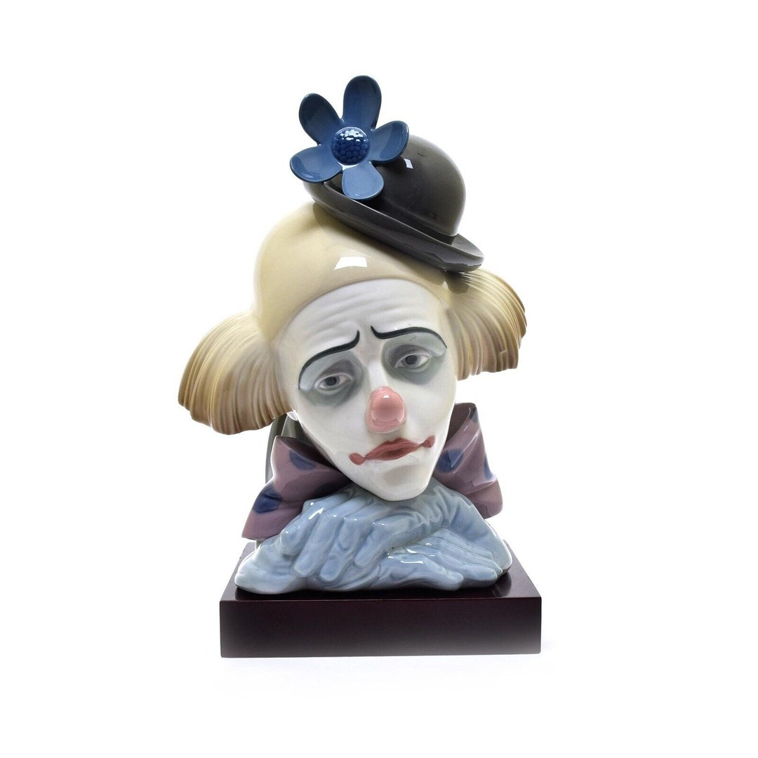 Lladro Pensive Clown Head Bust Figurine Gloss Finish W/ Wood Base 5130 ...