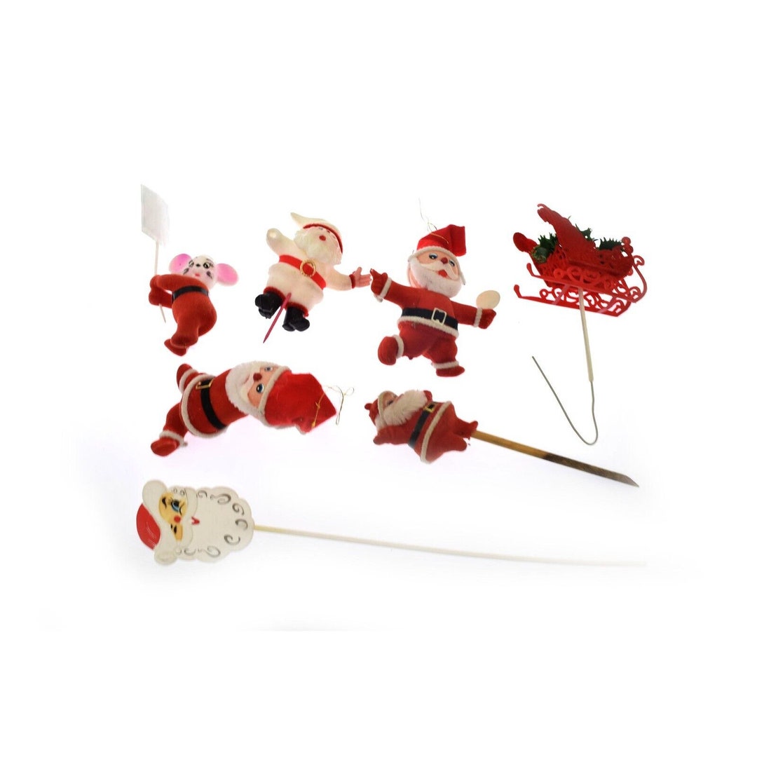 Vintage Flocked Santa Claus Sleigh Mouse Picks Ornaments- Lot of 7 1960 ...