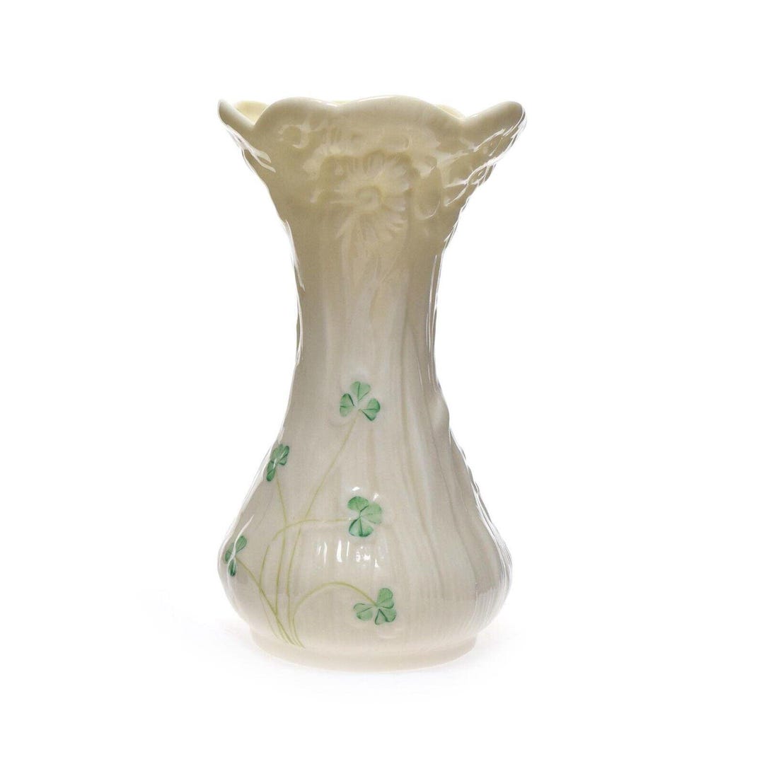 Belleek Shamrock Vase 5.75" Vines Flowers Green Back Stamp Scalloped ...