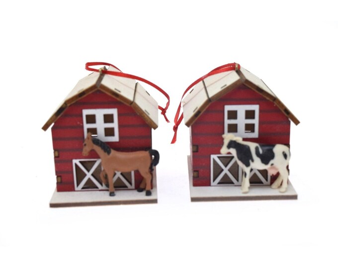 Wood Christmas Ornament Red Barn Farm Horse Cow Set of 2 Farmhouse 2.25 ...