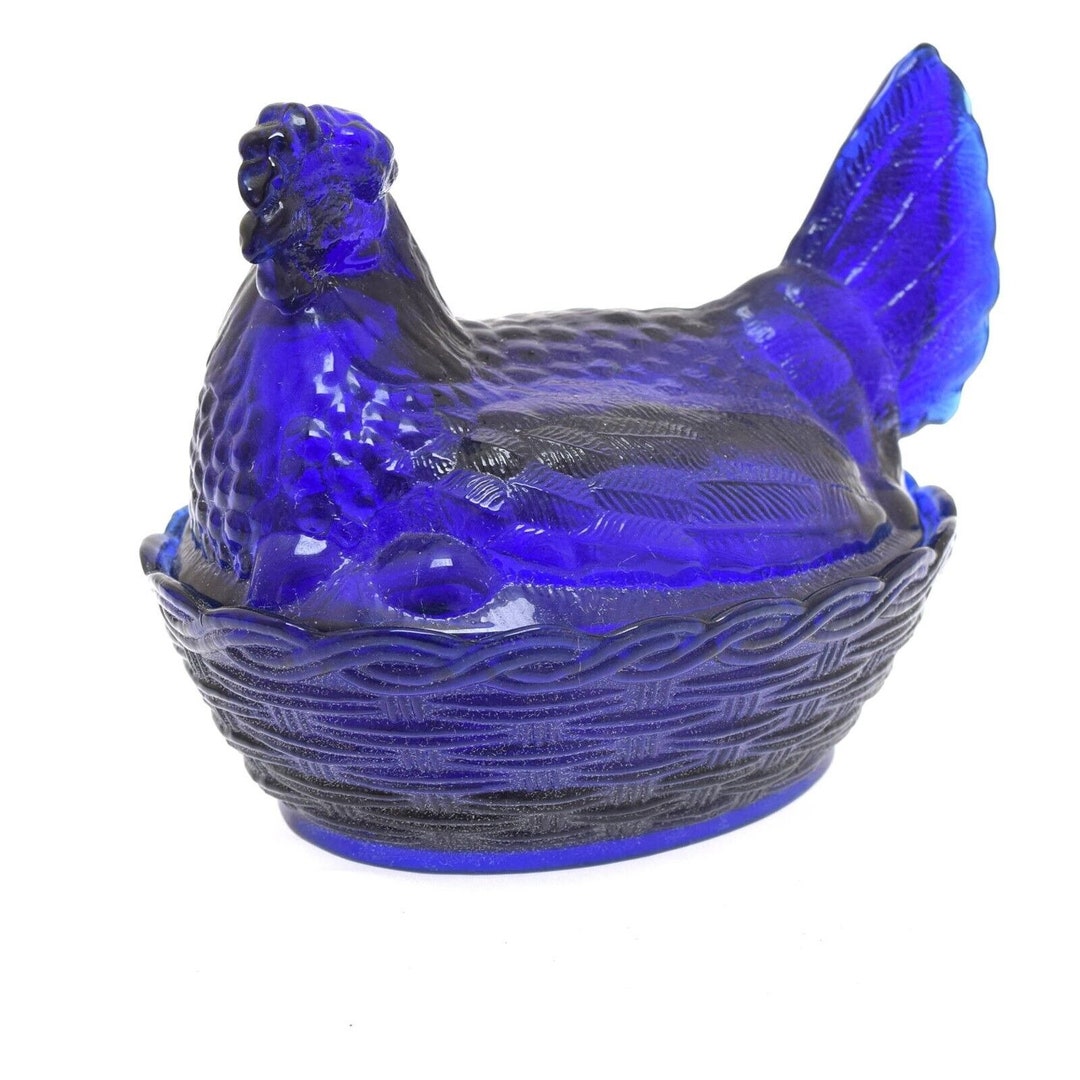 Westmoreland Cobalt Blue Glass Hen Chicken on Next Covered Dish Candy 5 ...