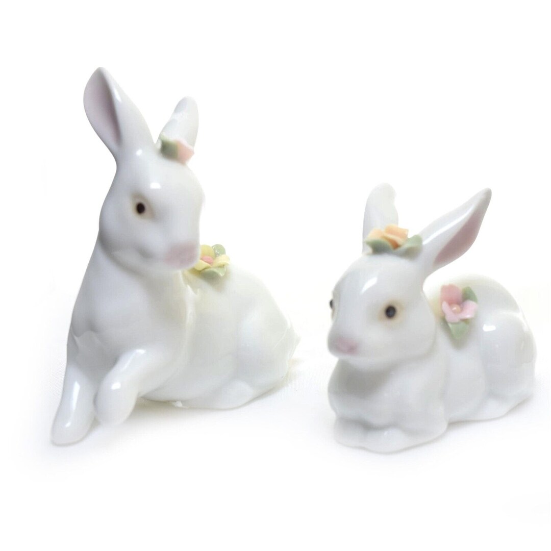 White Ceramic Bunny Rabbit Figurine Set of 2 With Flowers 3" Easter ...