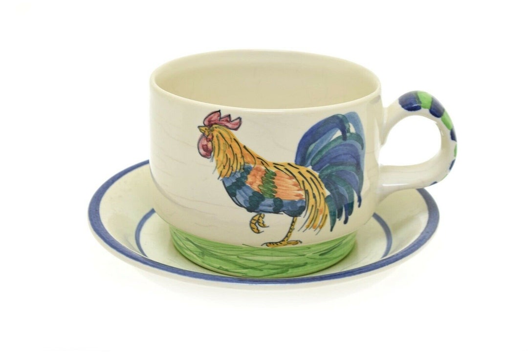 Iden Pottery Rye Sussex Rooster Blue Green Trim Flat Cup & Saucer Set ...