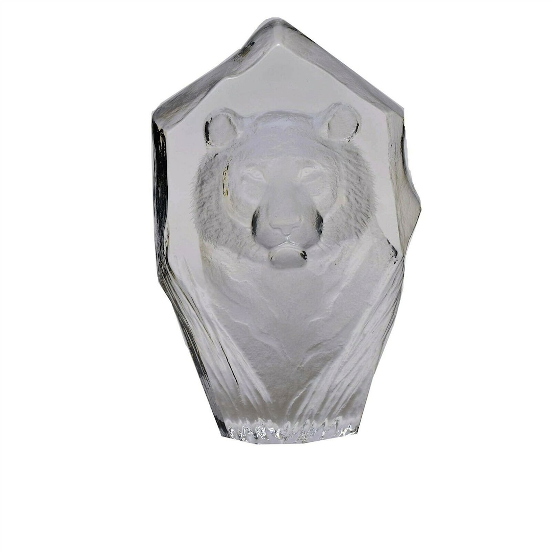 Mats Jonasson Lead Crystal Paperweight Tiger 4.5" Carved Etched Signed ...