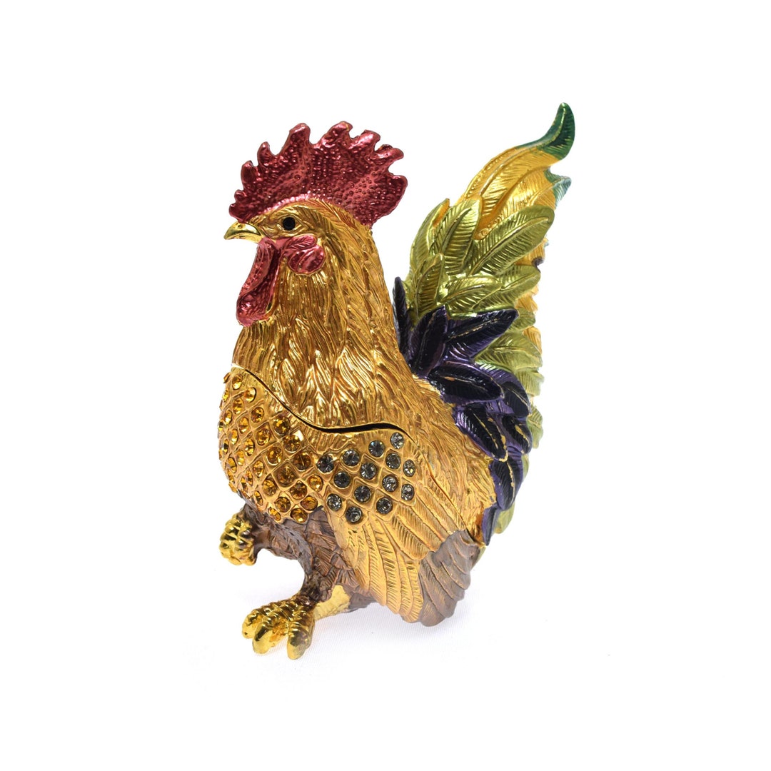 Chicken Rooster Trinket Box W/ Rhinestones Colorful 3" Bejeweled Hinged ...