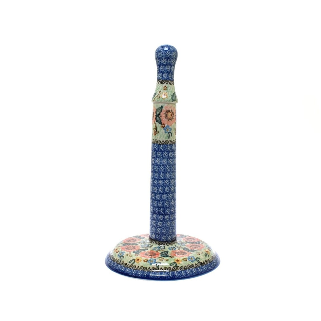 Unikat Polish Pottery Paper Towel Holder Blue Peach Flowers 13 Hand ...