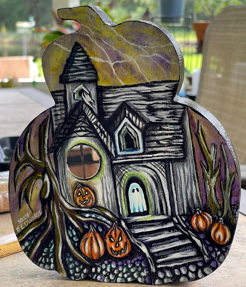 Halloween Shelf Sitter, Ghosts, Haunted House, Hand Painted , Halloween ...