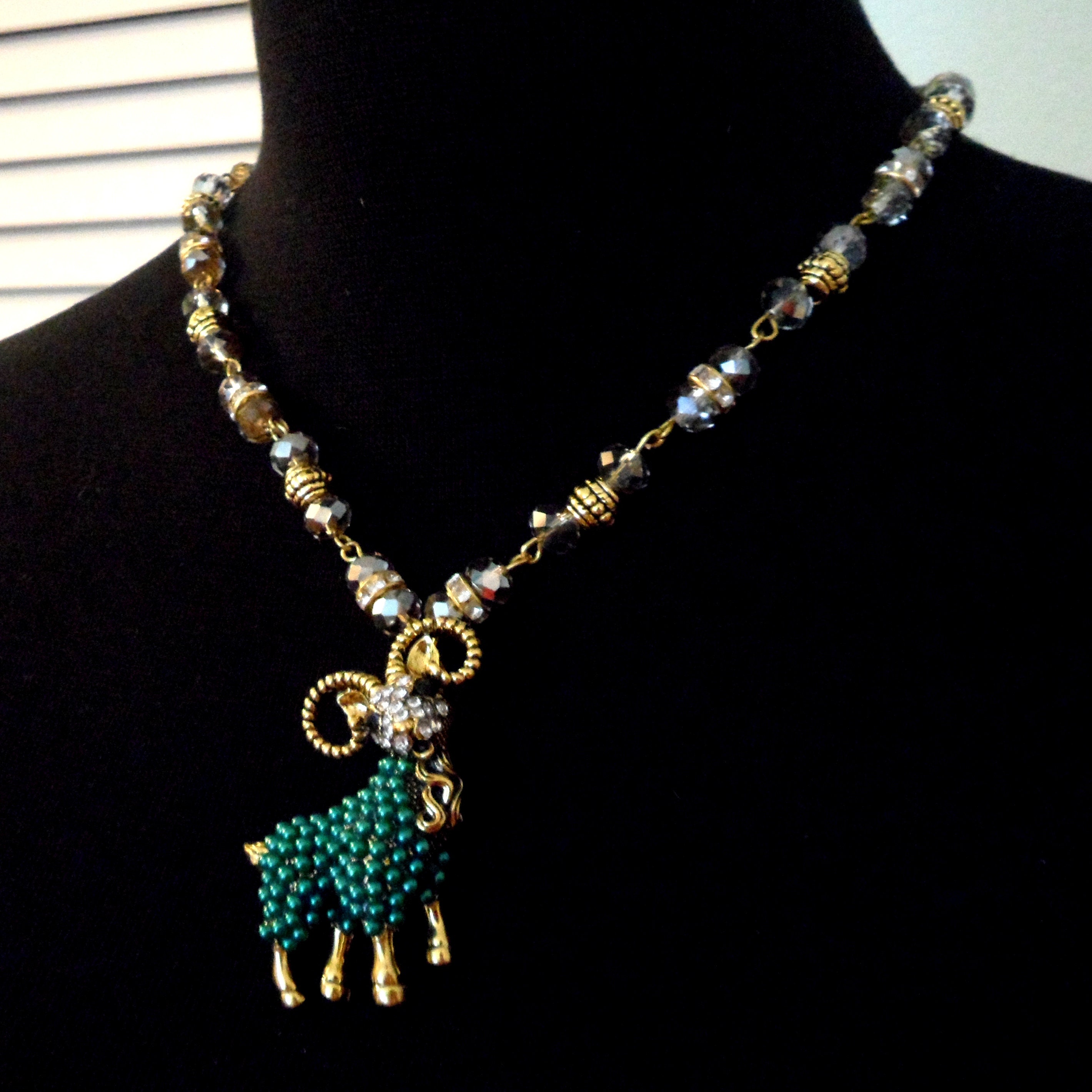 Handcrafted Ram Pendant Necklace Green Faux Pearl Cabochons | Etsy