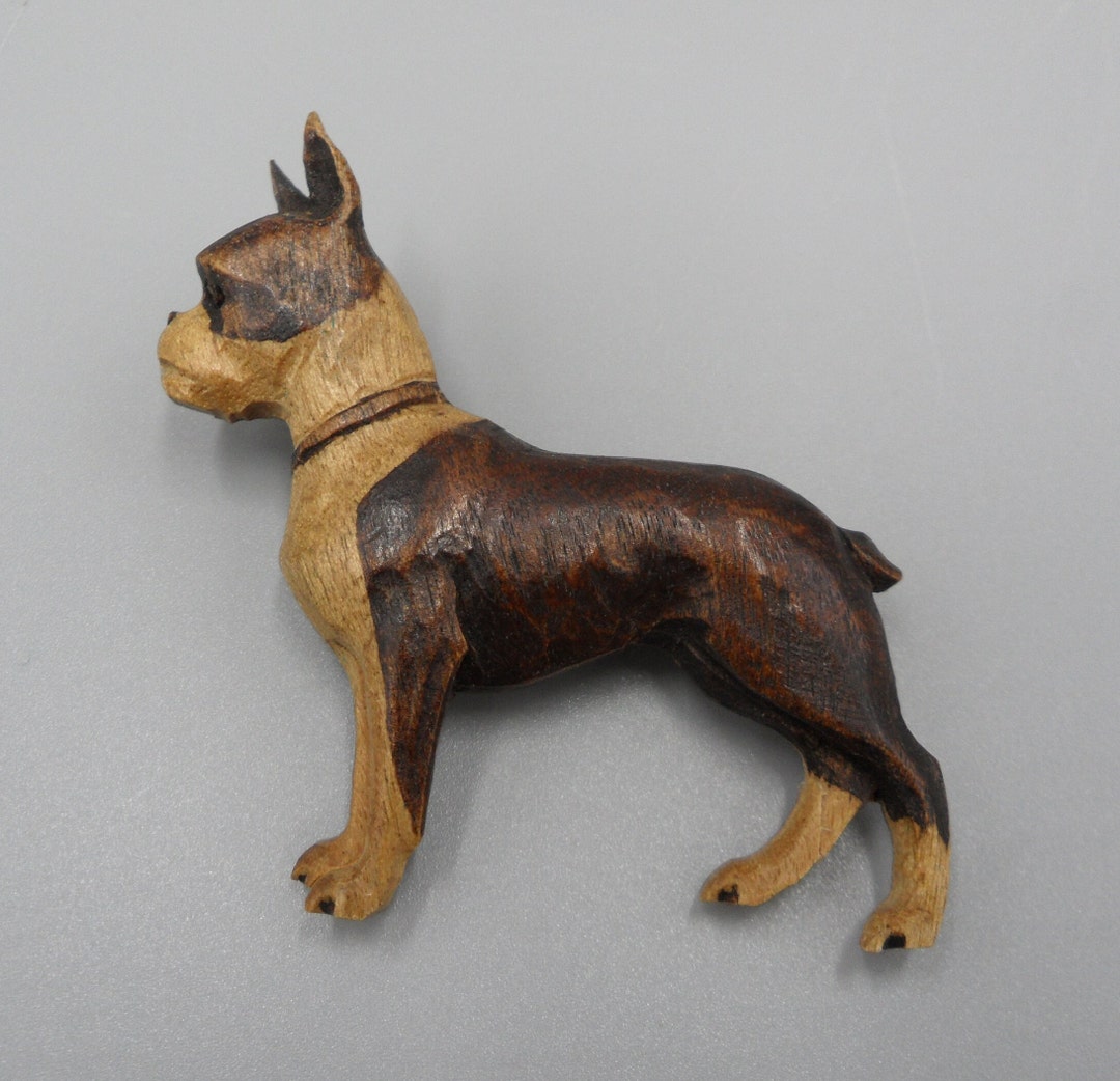 Victorian Era Boxer Dog Brooch Carved Wood Brown Tan Antique Figural C ...