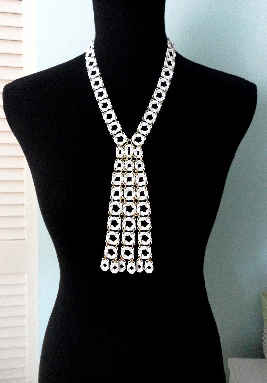 Massive MONET Signed Necktie Fringe Necklace 6.75 Inch Bib White Enamel ...