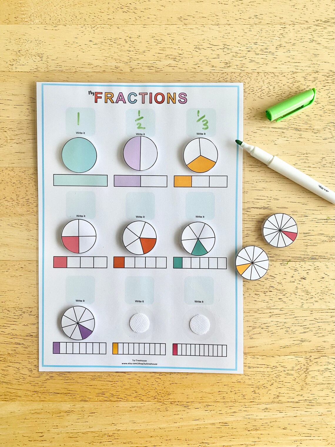 Printable fractions chart interactive Velcro fractions first | Etsy
