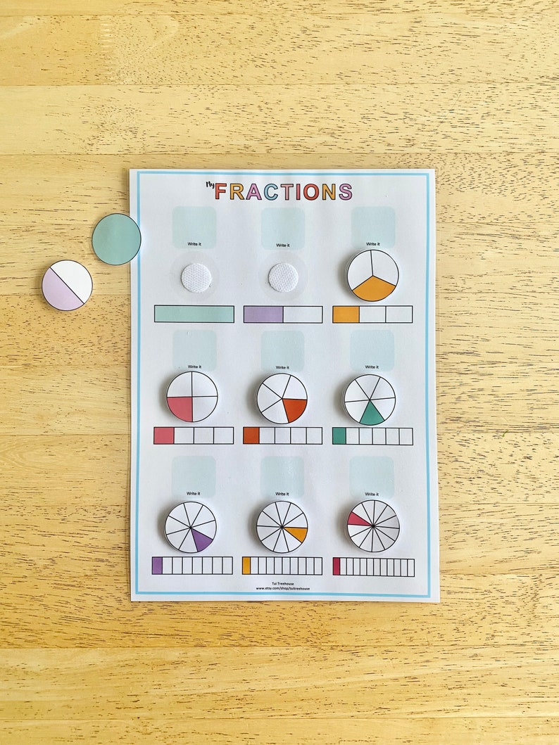Printable fractions chart interactive Velcro fractions first | Etsy