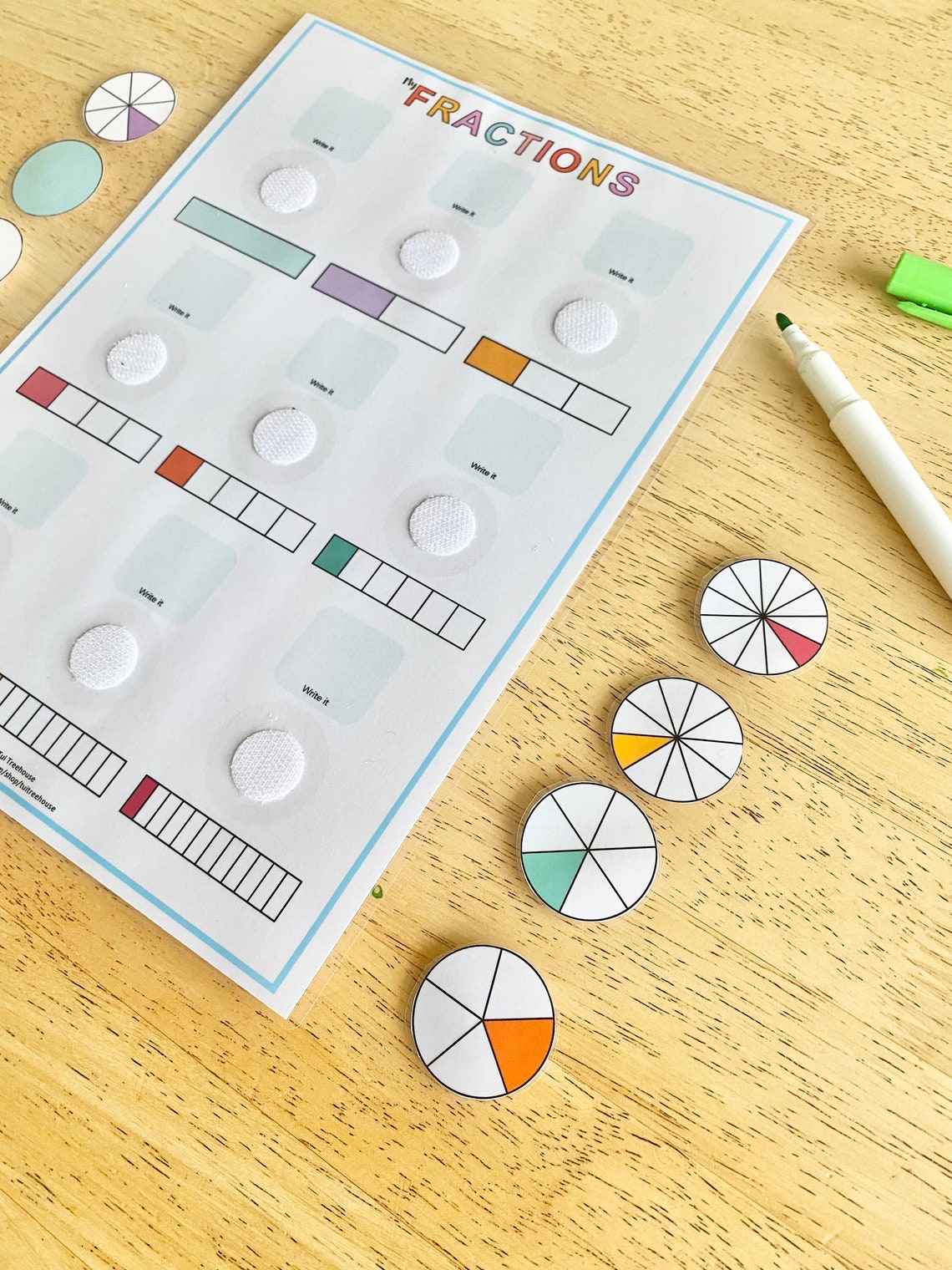 Printable fractions chart interactive Velcro fractions first | Etsy