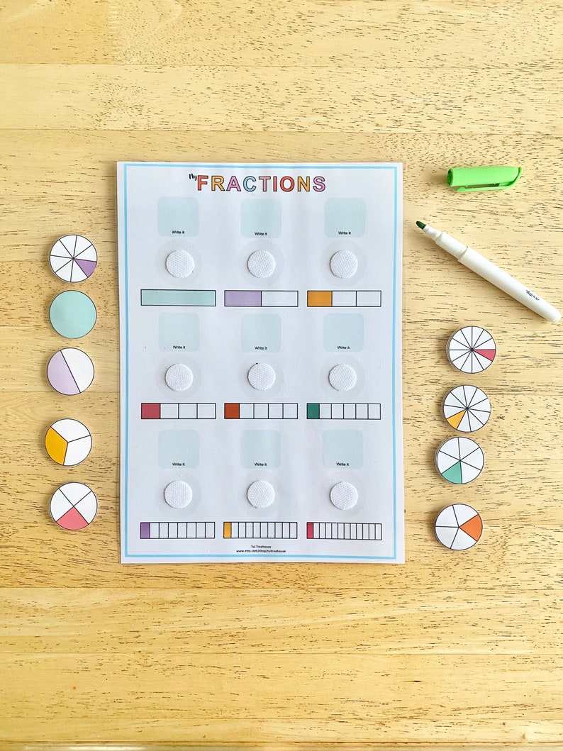 Printable fractions chart interactive Velcro fractions first | Etsy