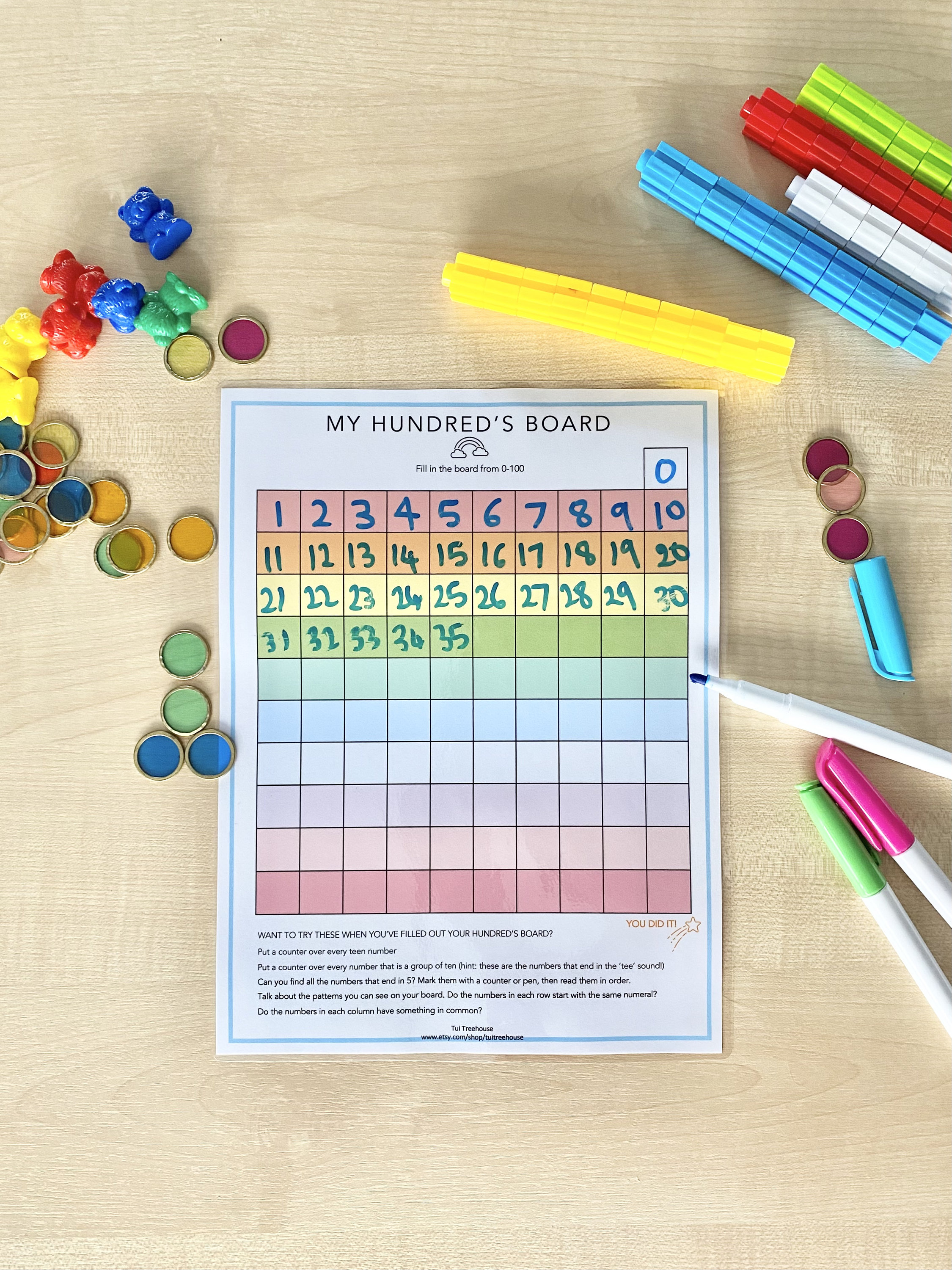 Printable hundreds board / hundreds chart rainbow colours - Etsy España