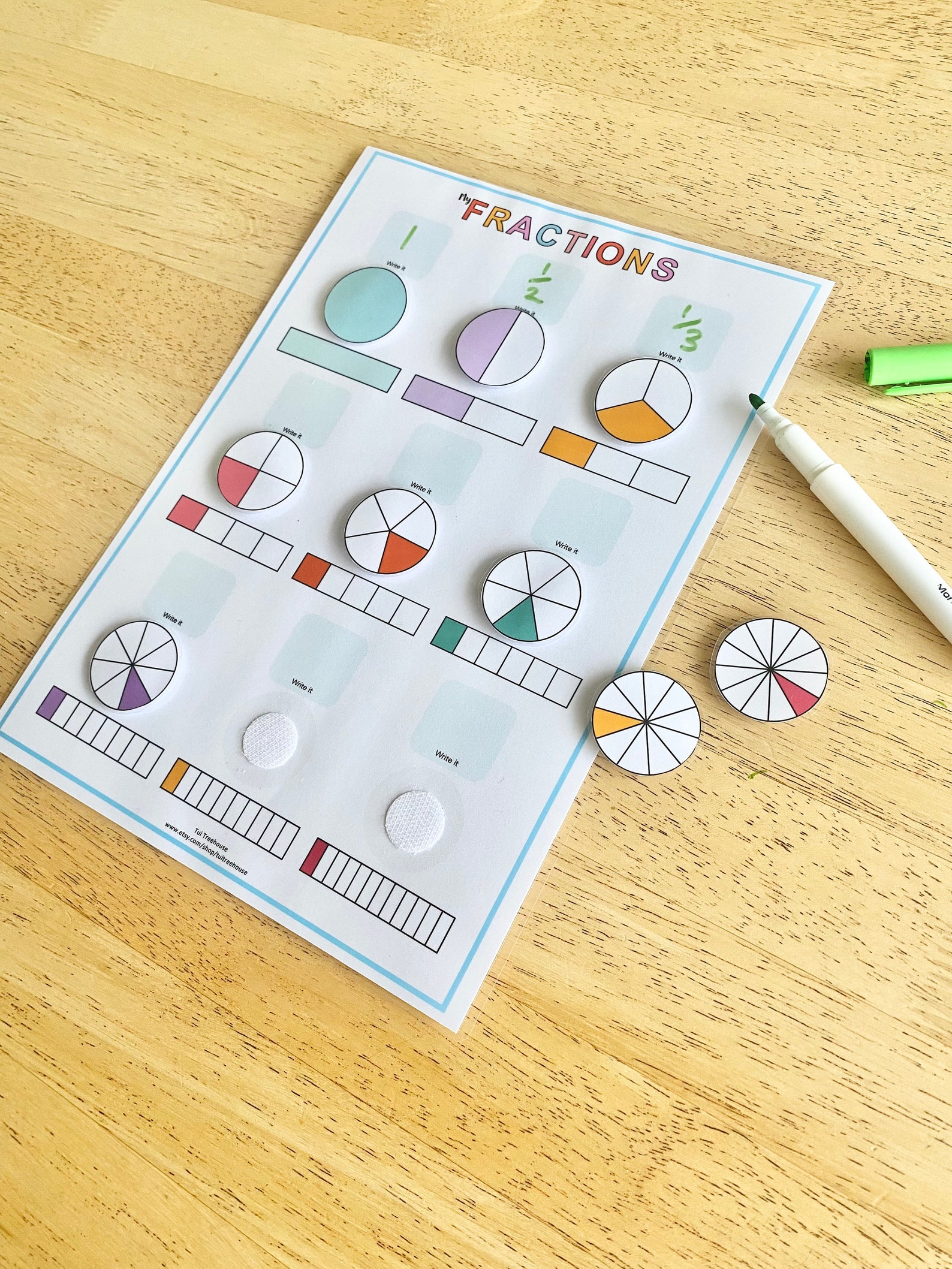 Printable fractions chart interactive Velcro fractions first | Etsy