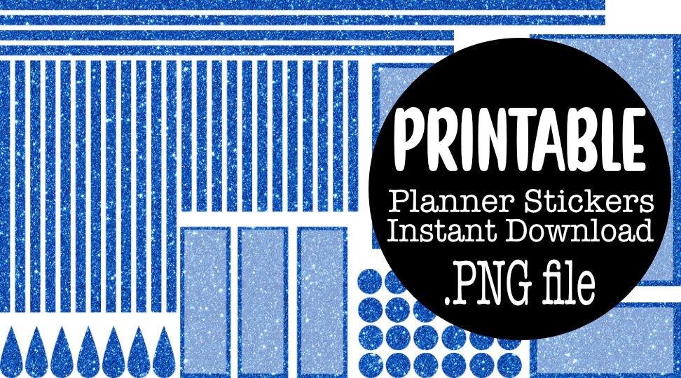 Blue Glitter Printable Planner Stickers, Functional Boxes, Washi Tape ...