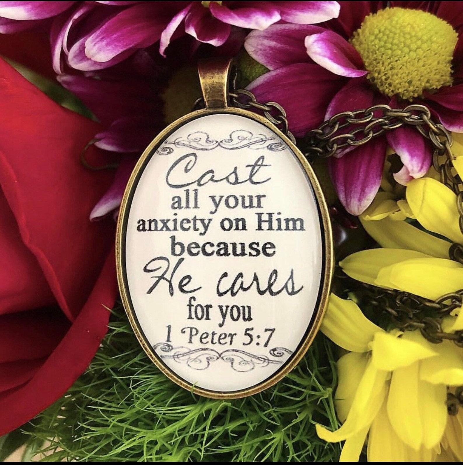 Oval Bible Verse Pendant Necklace Cast all your anxiety | Etsy