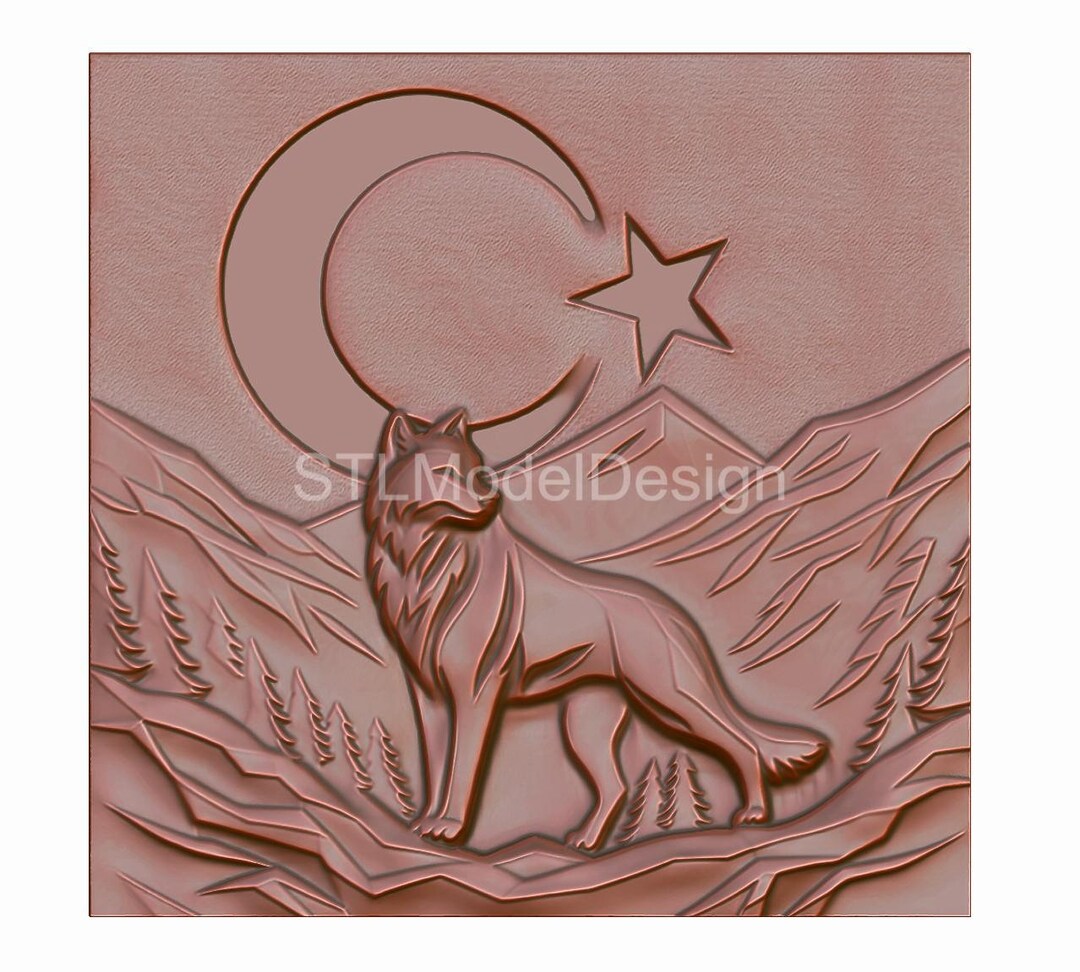 Mystic Wolf Moon Turkish Flag 3D Model STL File for CNC Carving & 3D ...