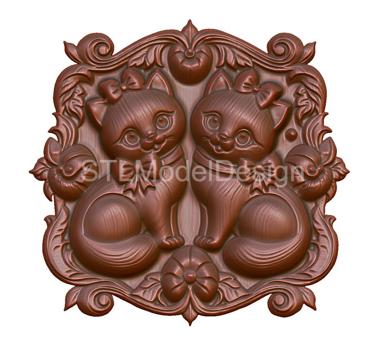 Cute Cats in Floral Frame 3D Model STL File for CNC Router, Laser ...