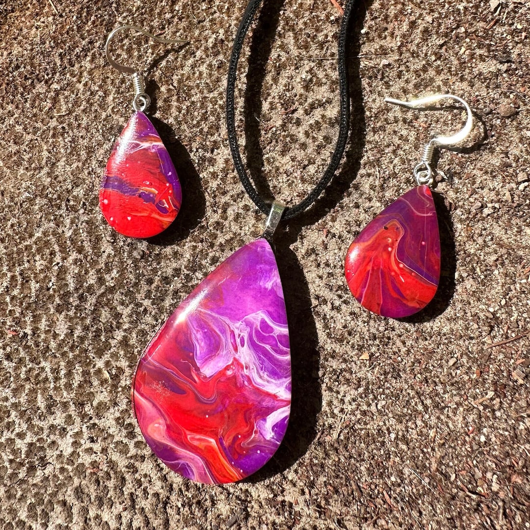 Paint Pour Jewelry Lightweight Hand Painted Necklace and Earring Set ...